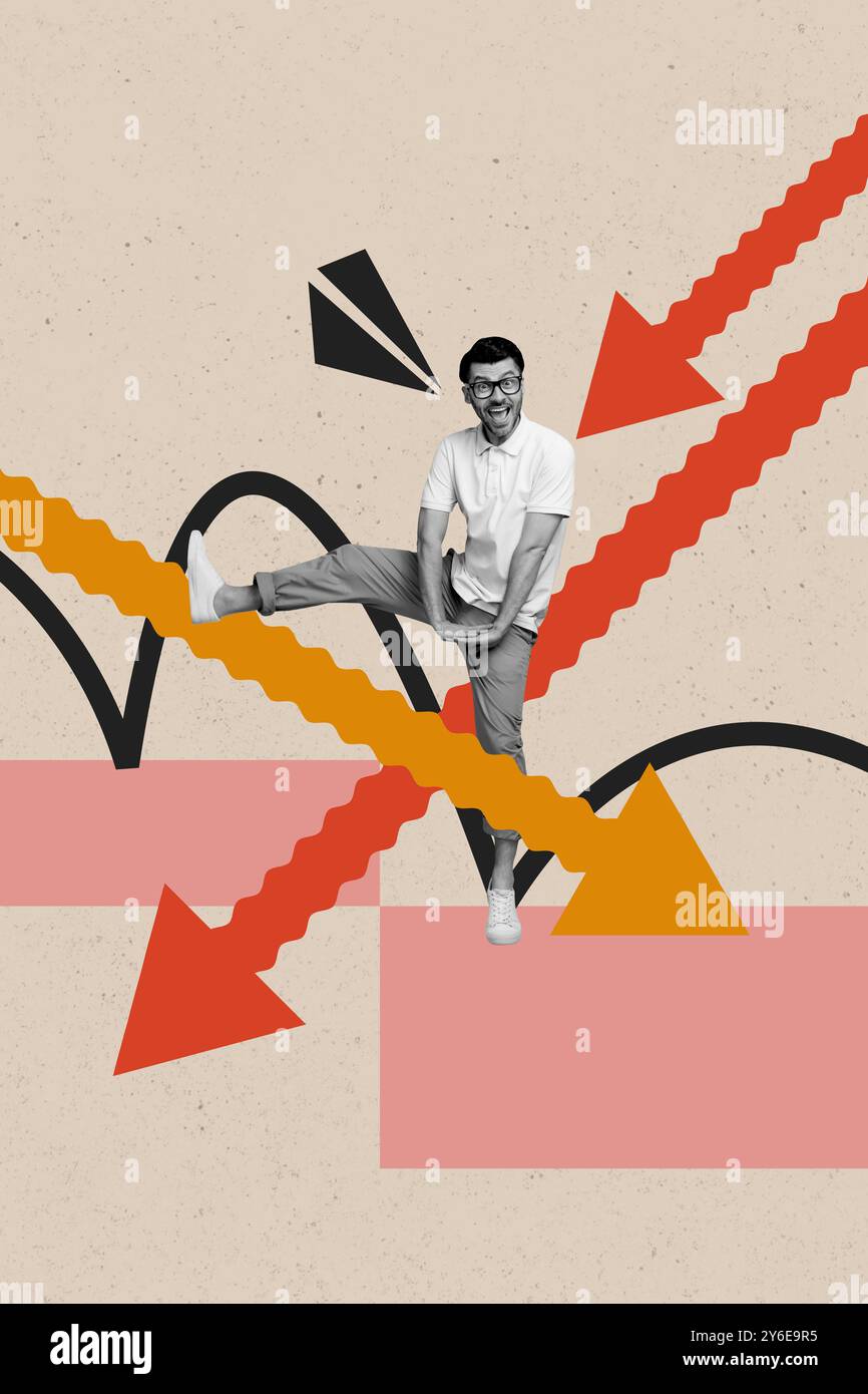 Vertical photo collage of happy silly guy dance arrow decline recession ...