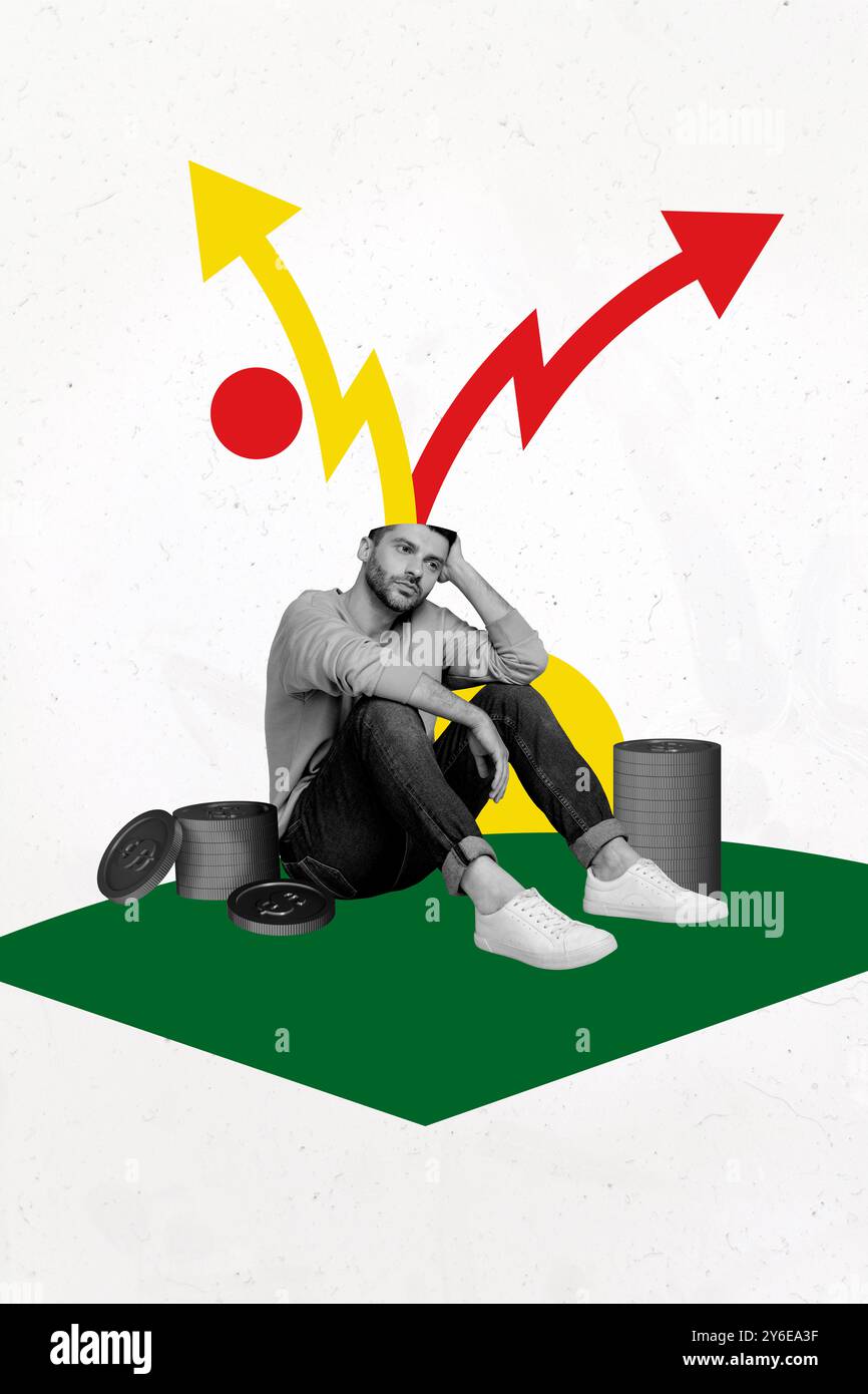 Vertical collage young man depressed sad sit thoughtful trader economy ...