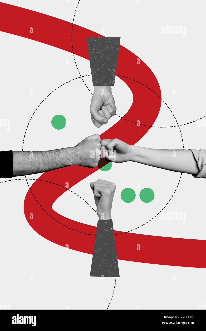 Vertical photo collage of people two hands fist kick together bump boom ...