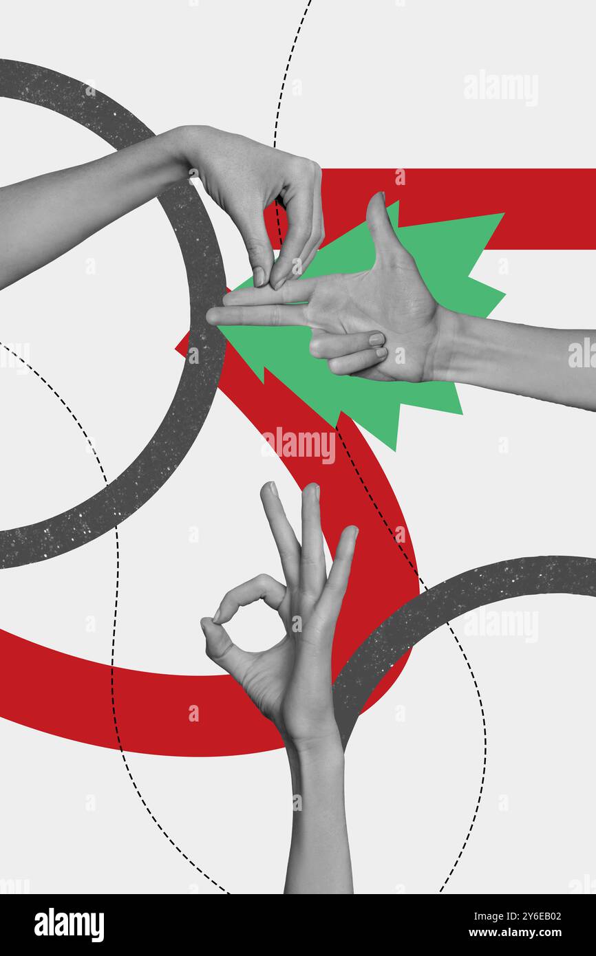 Vertical photo collage of people hands show handgun gesture threat okay ...