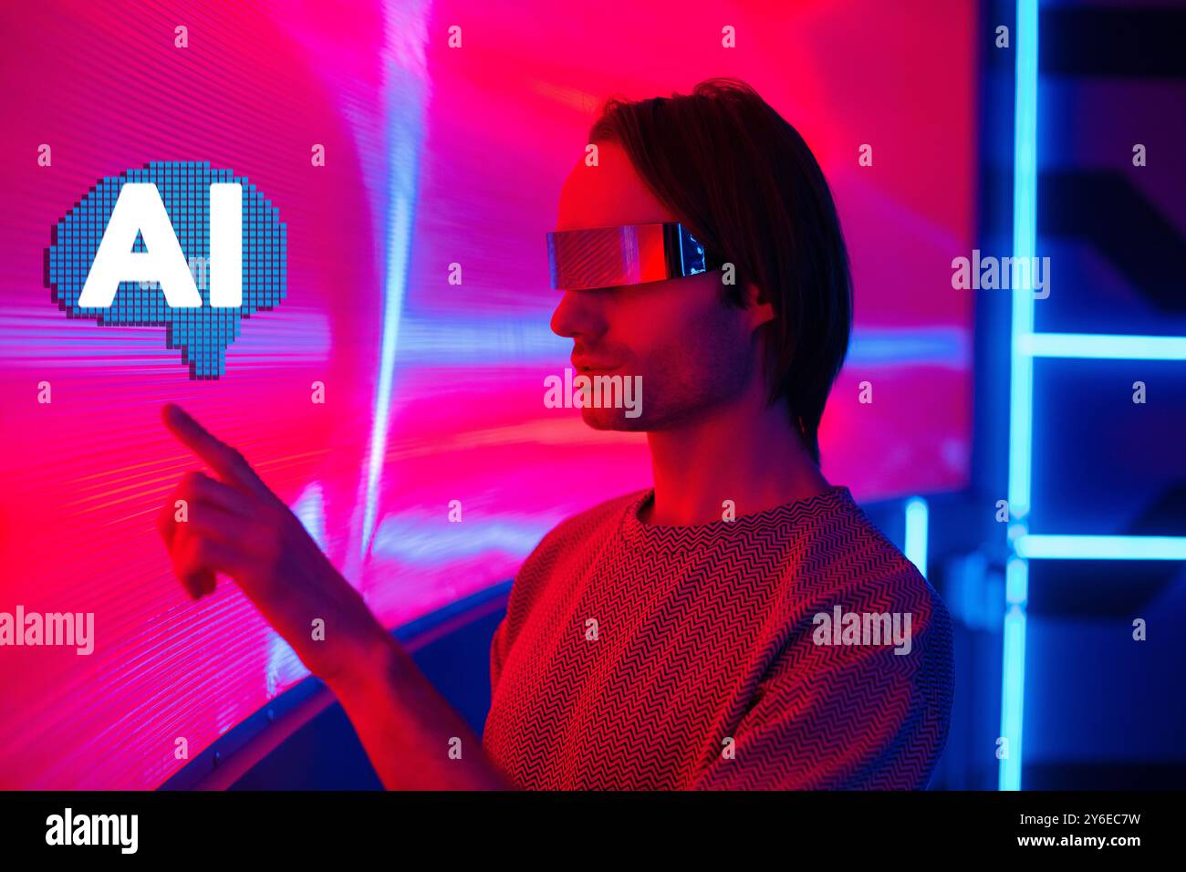 A futuristic man with smart neon glasses augmented reality touch air ...