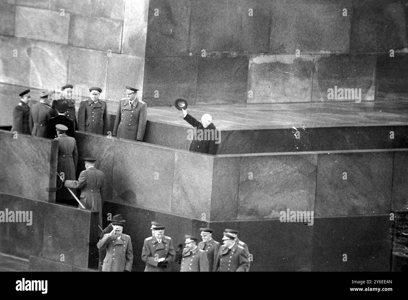 SOVIET PRIME MINISTER NIKITA KHRUSHCHEV WAVING HIS HAT IN MOSCOW ; 8 ...