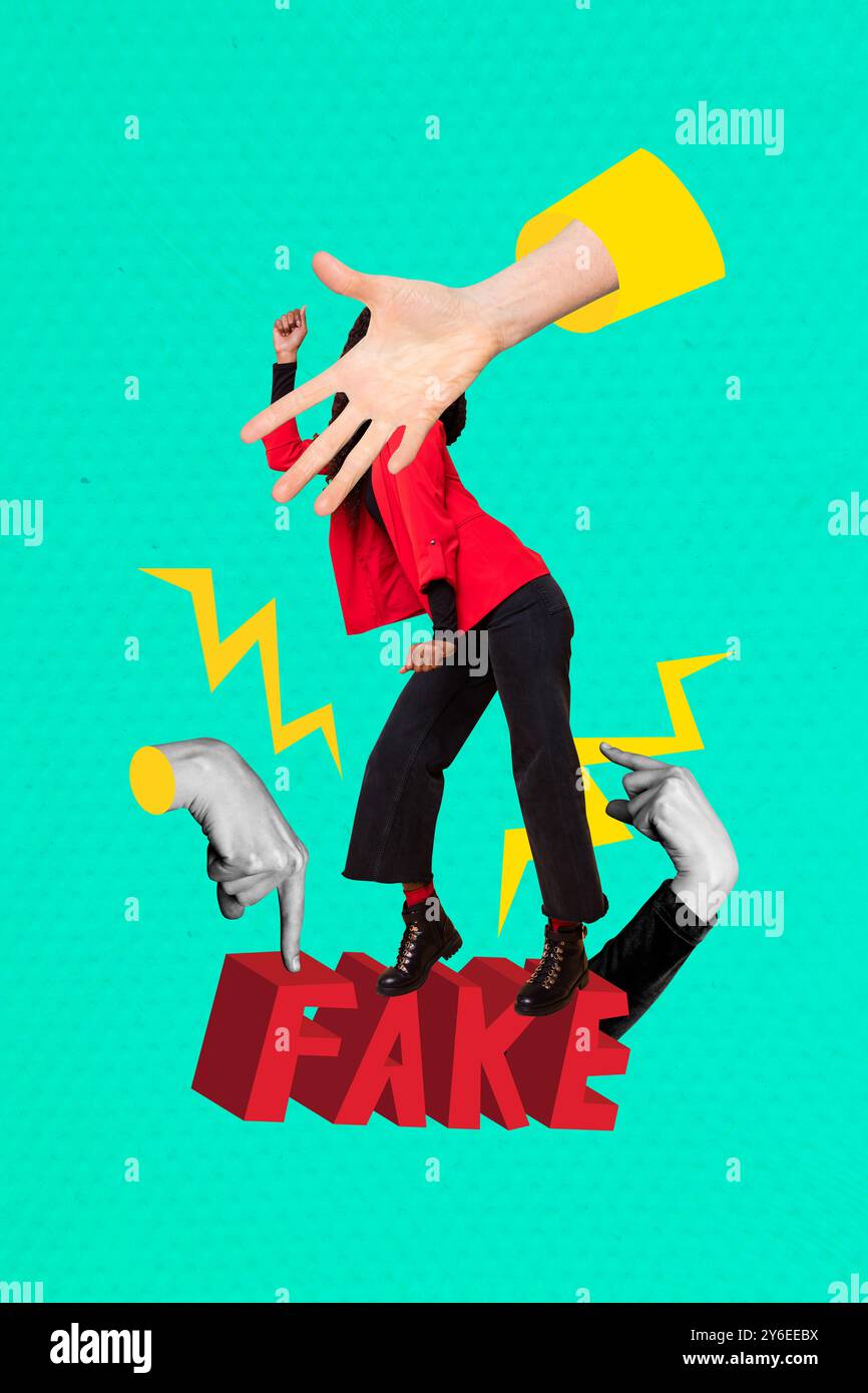 Vertical photo collage of hands hide guilty girl fake news propaganda ...