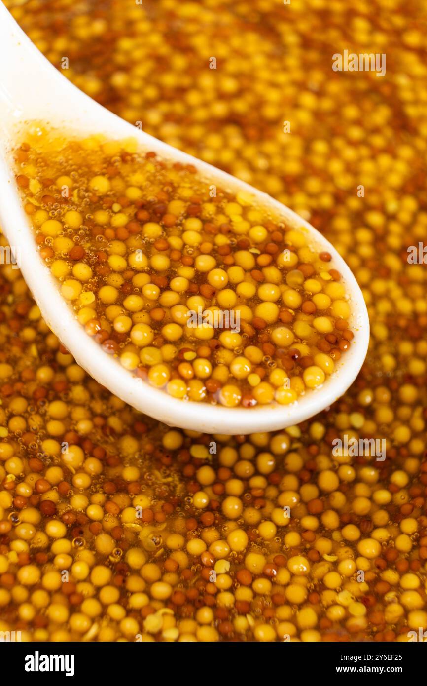 Traditional French Dijon mustard in a spoon on a white background Stock ...