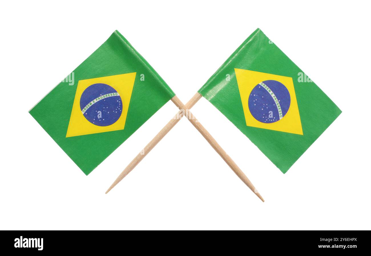 Small paper flags of Brazil isolated on white Stock Photo - Alamy