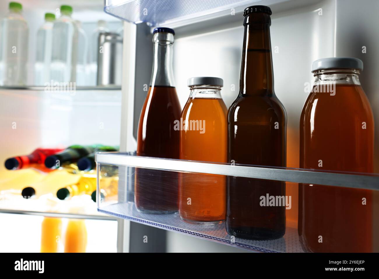 Many different cold drinks in refrigerator, closeup Stock Photo - Alamy