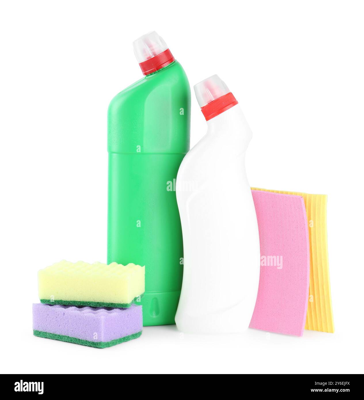 Different toilet cleaners, stack of sponges and rags isolated on white ...