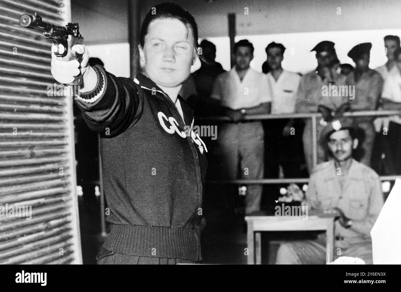 SOVIET YULINA WITH PISTOL IN ACTION AT SHOOTING CHAMPIONSHIPS IN CAIRO ...