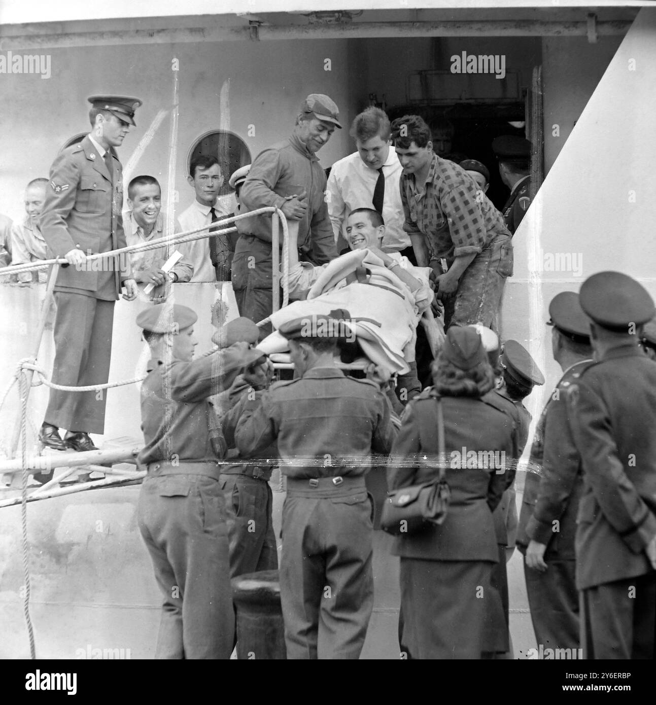 PRIVATE PAUL STEWART ON STRETCHER - SURVIVOR OF CONSTELLATION CRASH SAFELY IN ANTWERP / ; 29 ...