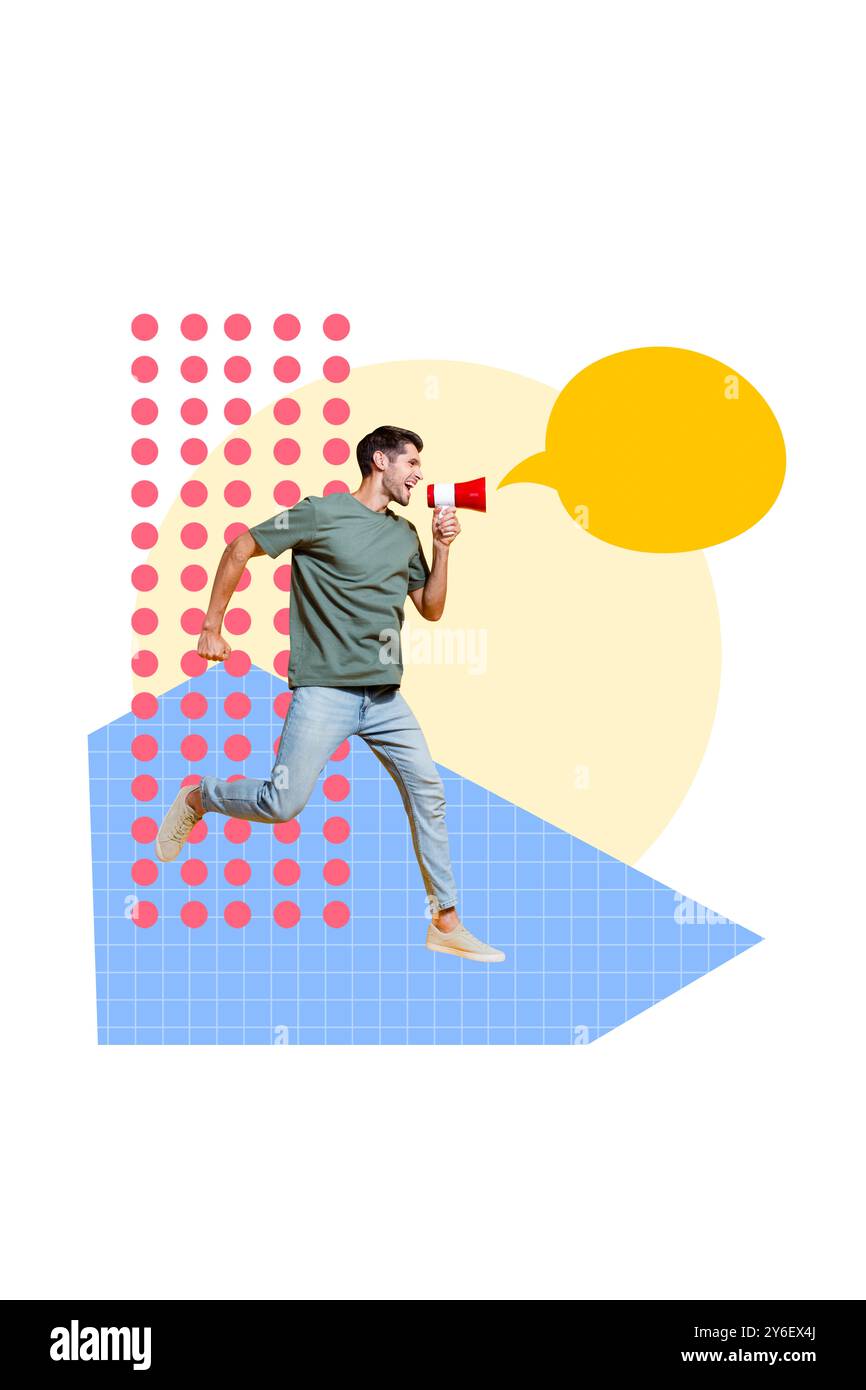 Vertical collage picture young man announce information speech textbox ...