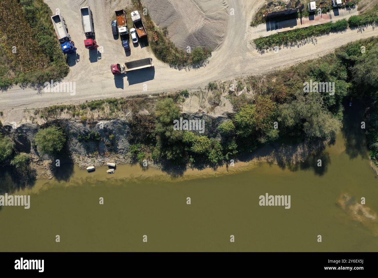 Aerial view of river sand and gravel exploitation, pit, quarry, ballast ...