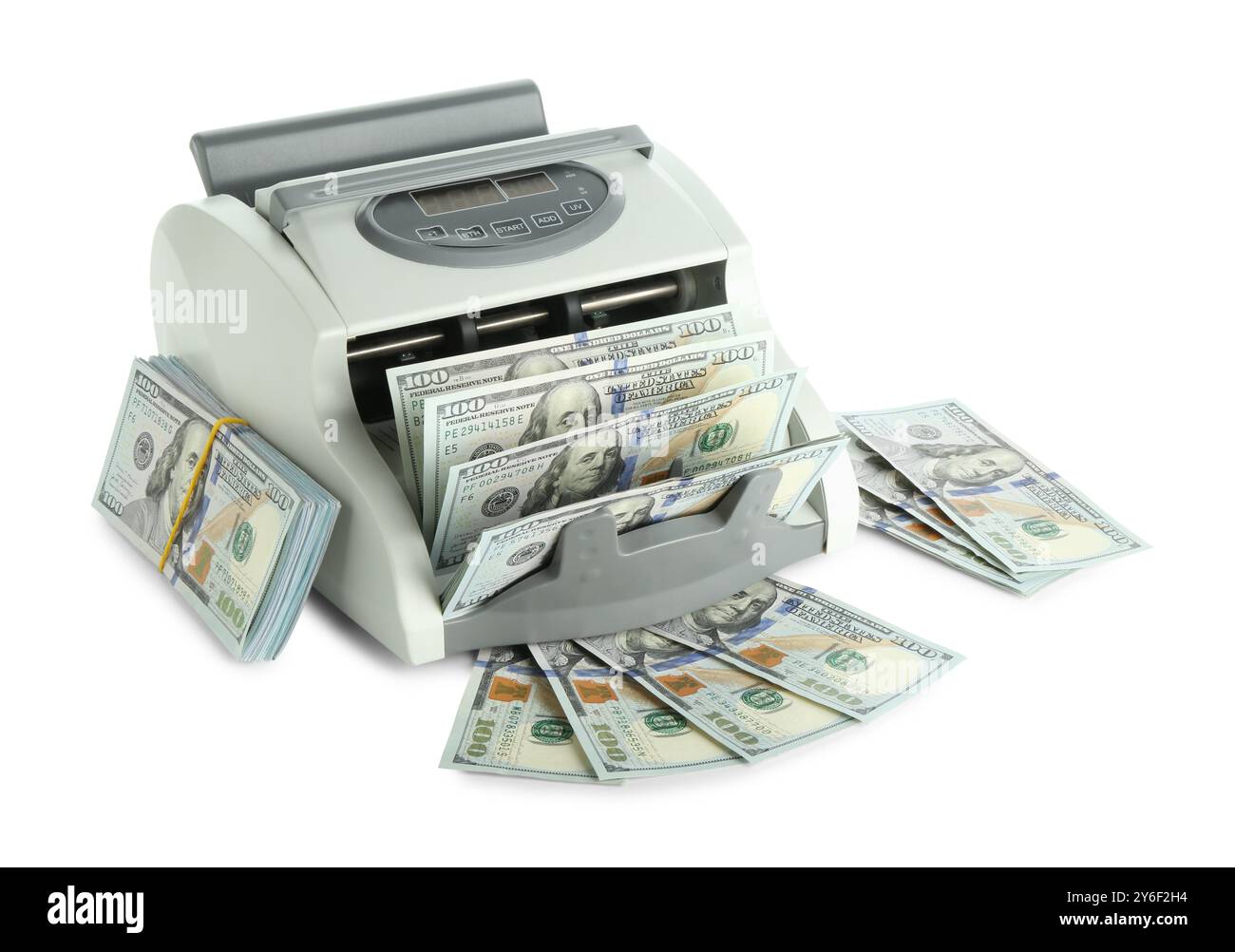 Money counter machine and dollar banknotes isolated on white Stock ...
