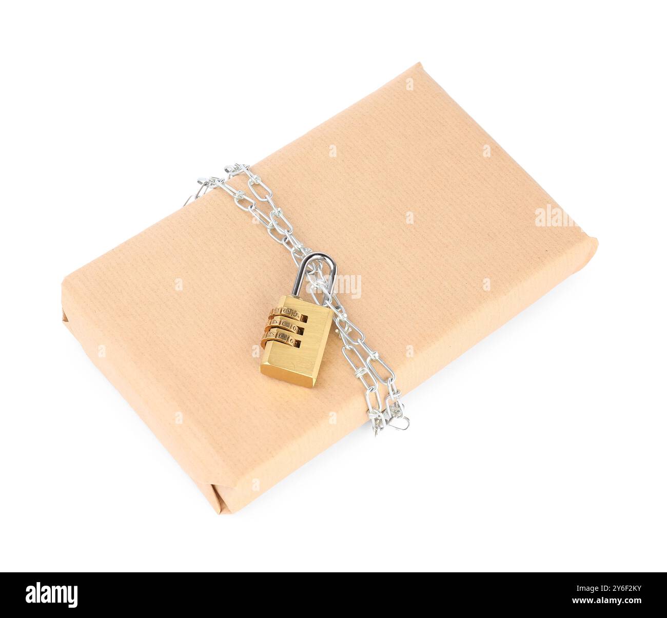 One parcel with chain and padlock isolated on white, above view Stock ...