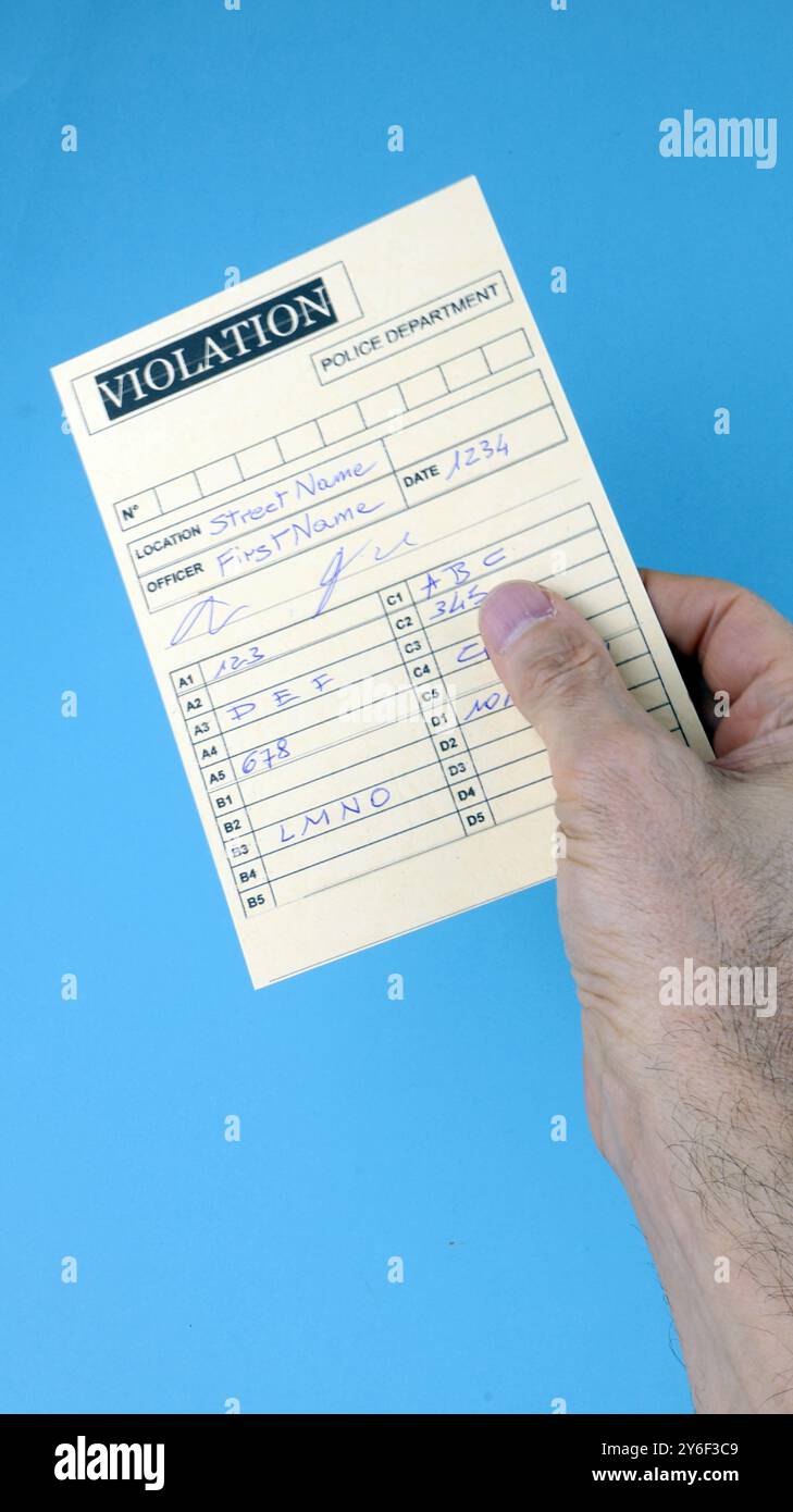 Traffic Ticket Violation Police Crime, hold hand blue background Stock ...