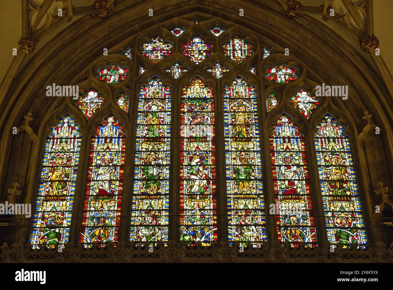 Large stained glass window in Wells Cathedral, Somerset, England Stock ...