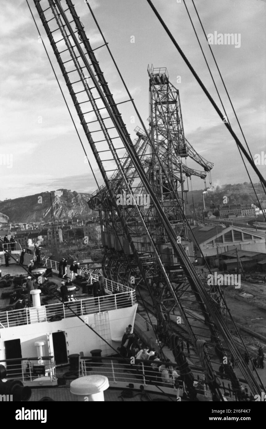 The Queen Mary Ocean Liner pulls into port in Europe C. April 1952 ...