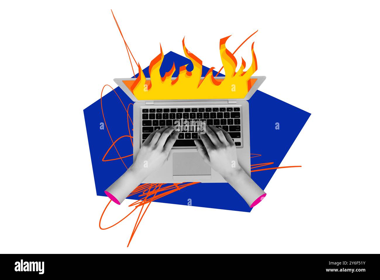 Composite creative art collage of hands type keypad flame fire ...