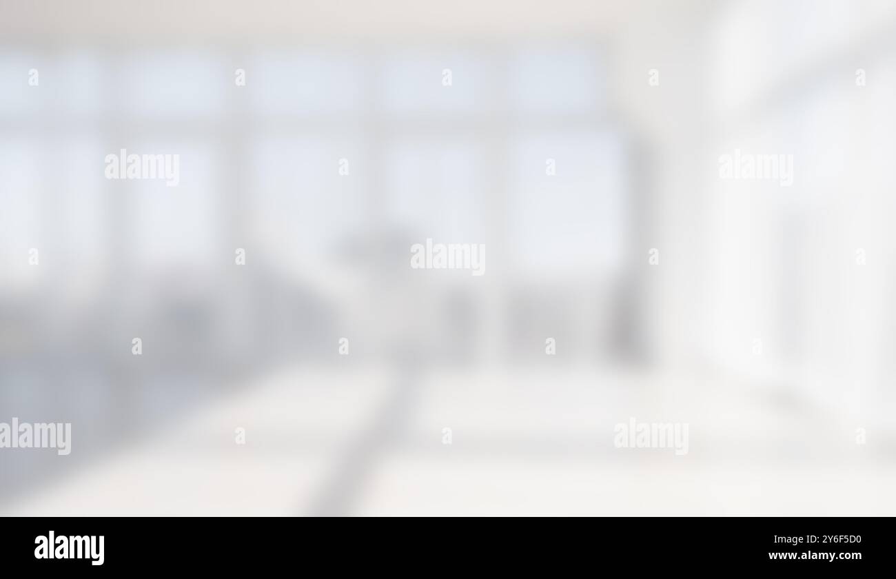 Background of blurred White empty light room with big panoramic windows ...