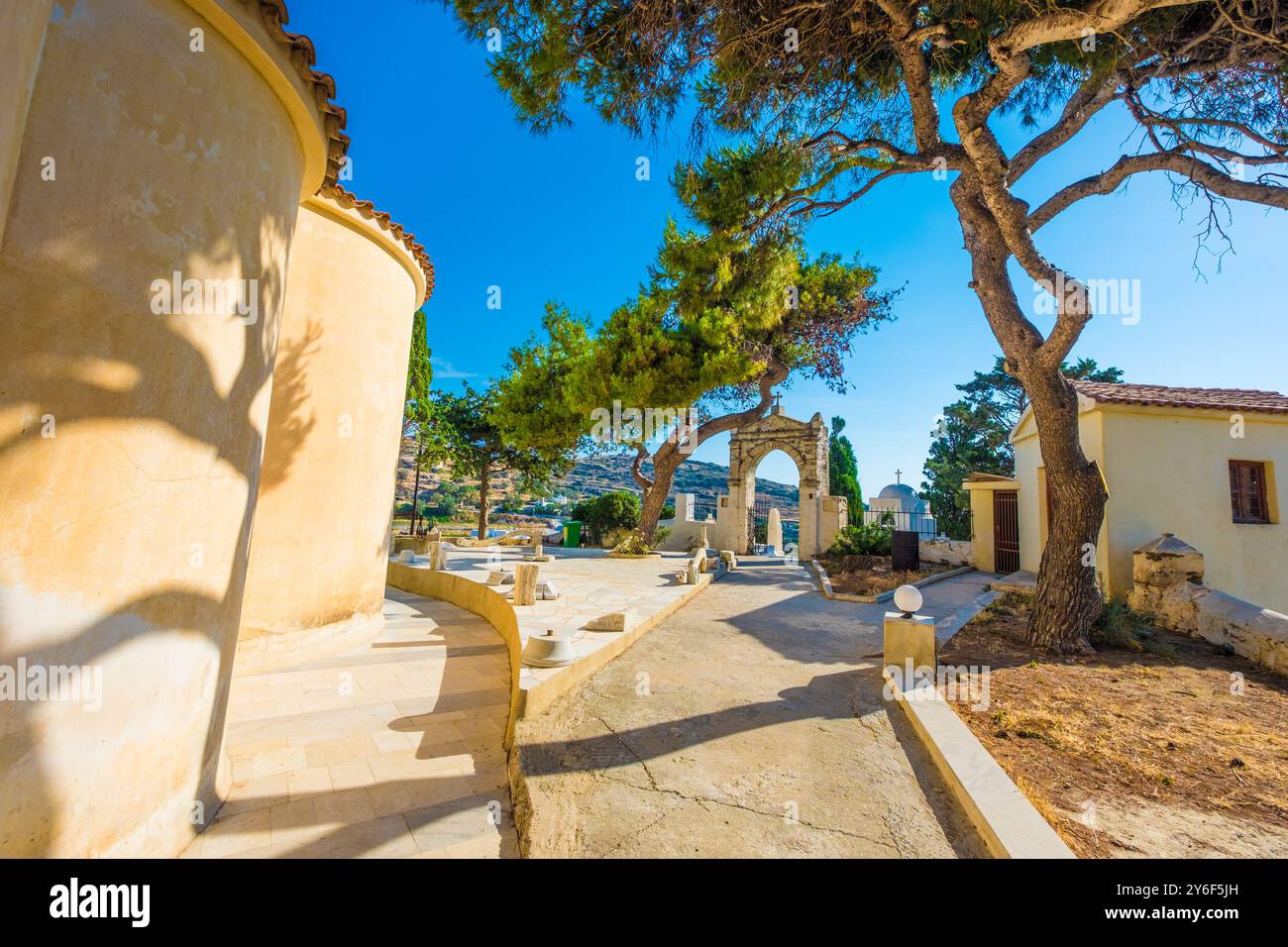 Greek orthodox graveyard. Ancient grave on the cemetery in Lefkes ...