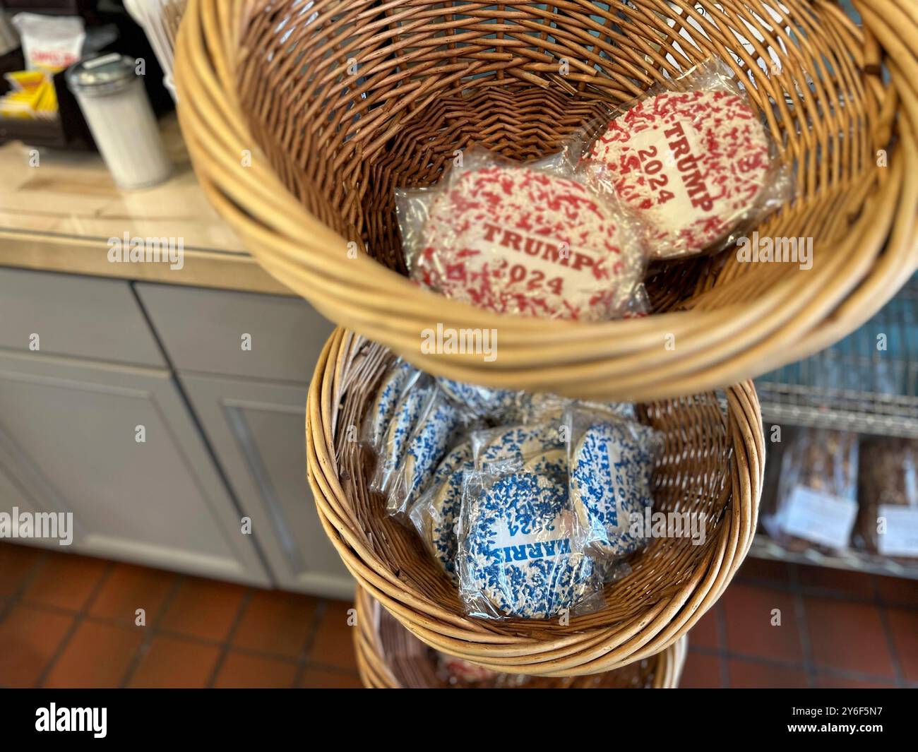 Cookies, with Harris and Trump labels on, are on display at Lochel's ...