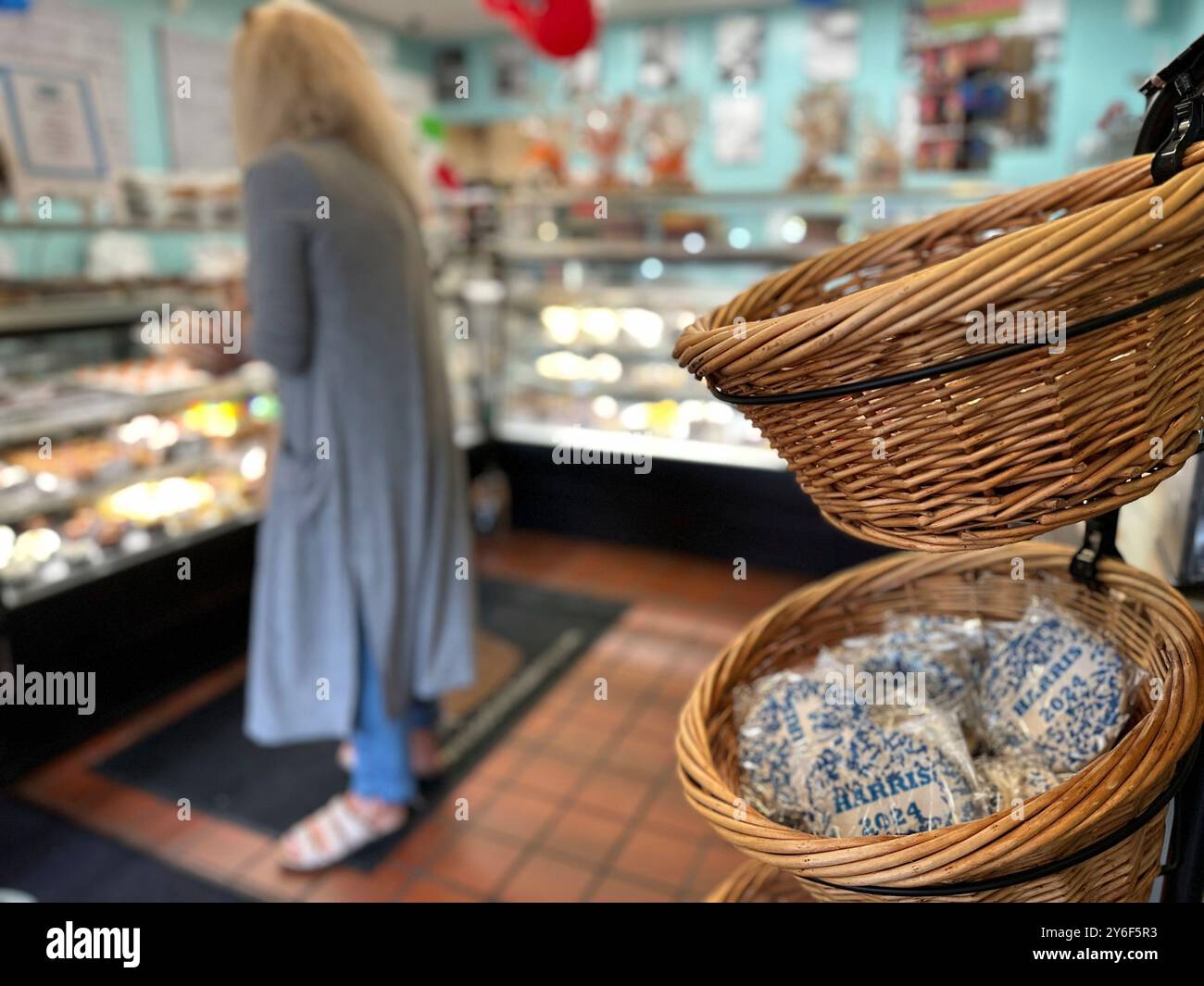 Cookies, with Harris 2024 labels on, are on display at Lochel's Bakery ...