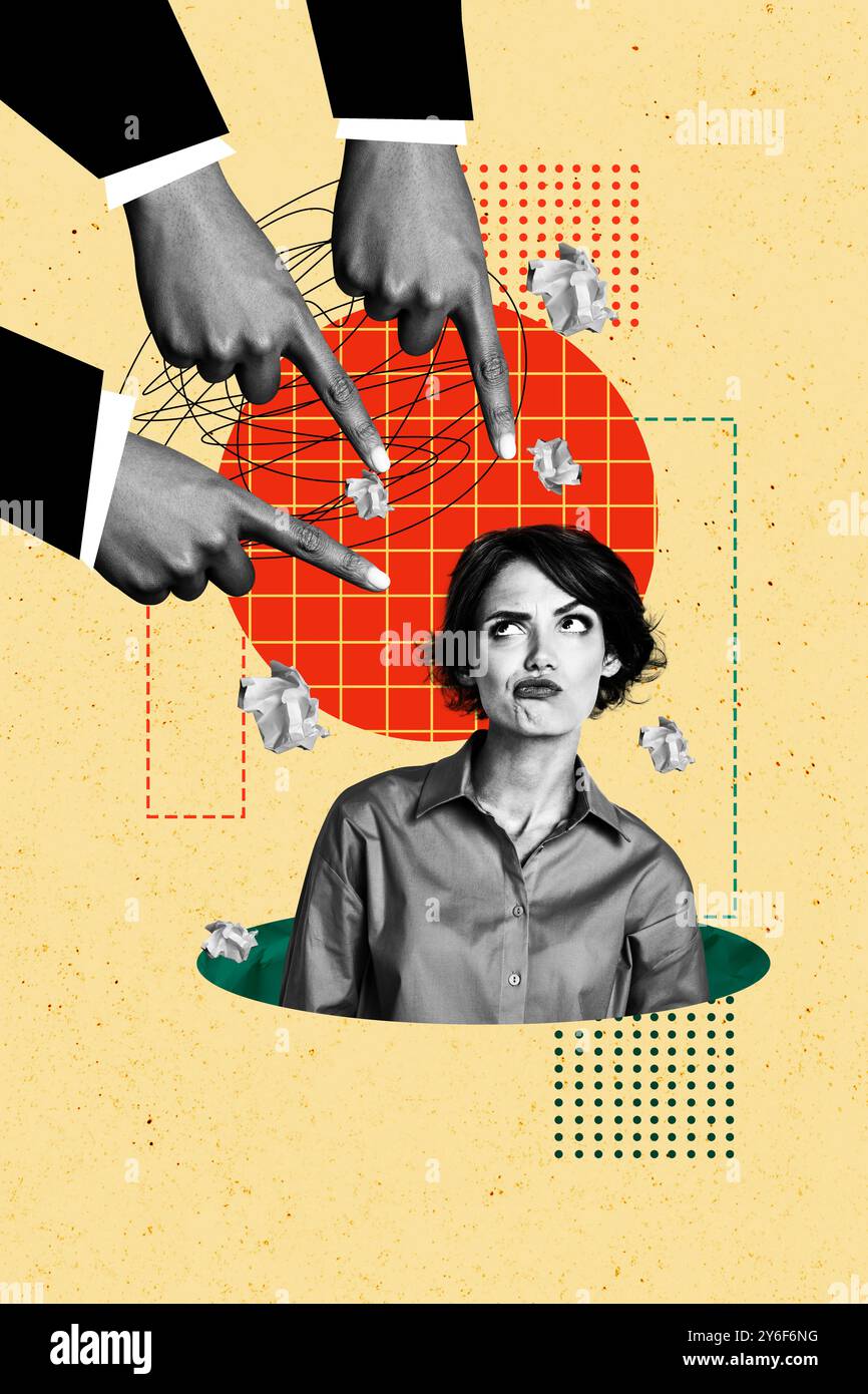 Creative abstract template collage of finger point pressure scolding ...