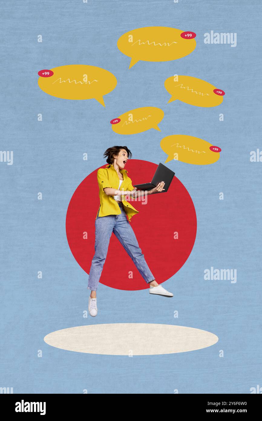 Vertical poster collage young amazed girl jump laptop social media ...