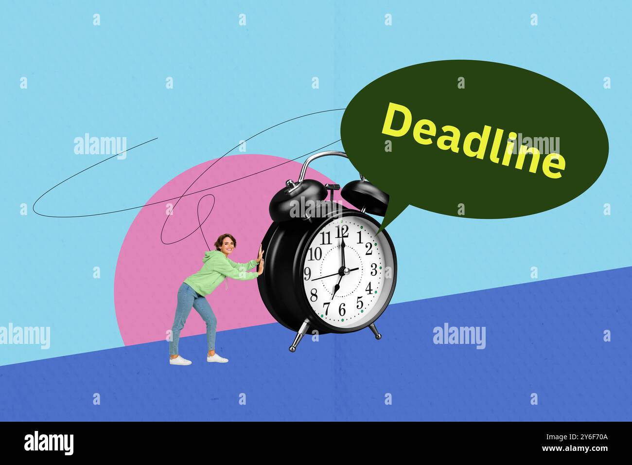 Creative collage young woman push alarm bell clock timer deadline ...