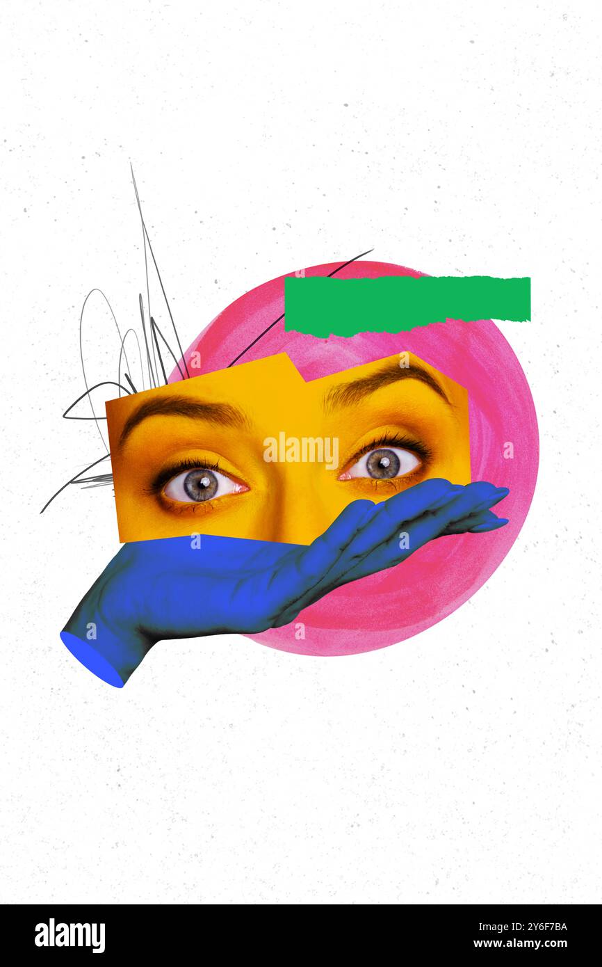 Vertical creative art collage of astonished girl eyeball headless hand ...