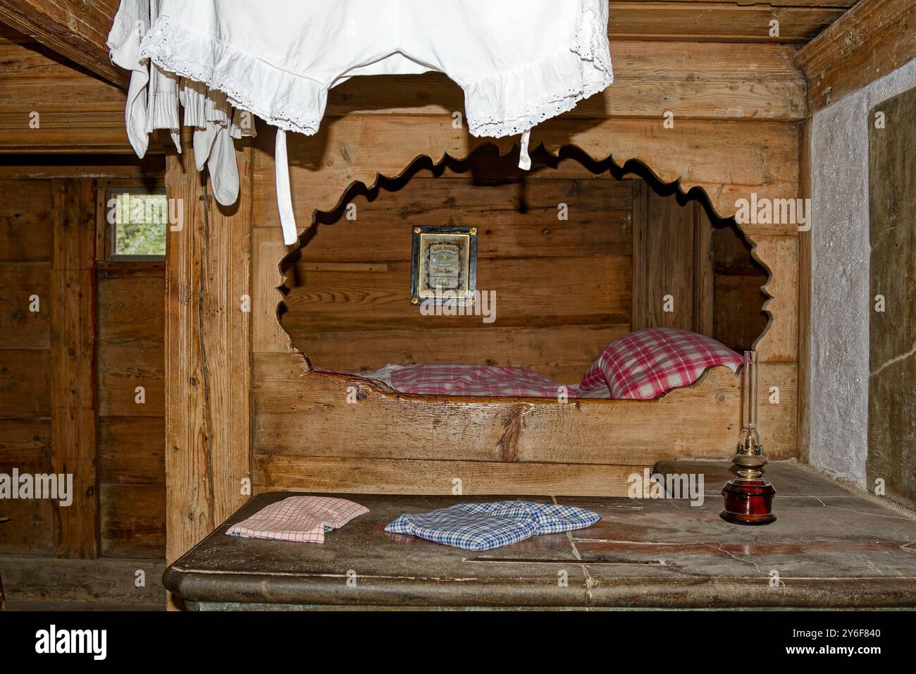 farmhouse, 1790, old building, wood enclosed bed, clothes hanging to ...