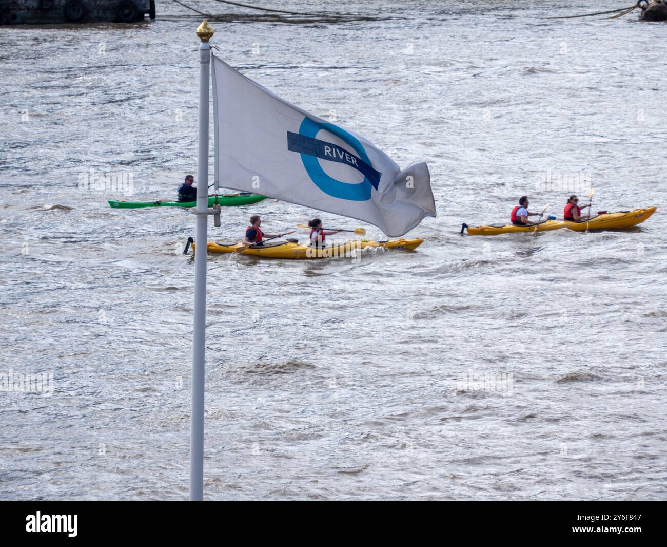 Kayakers paddling kayaks up the River Thames, with TFL River sign on ...