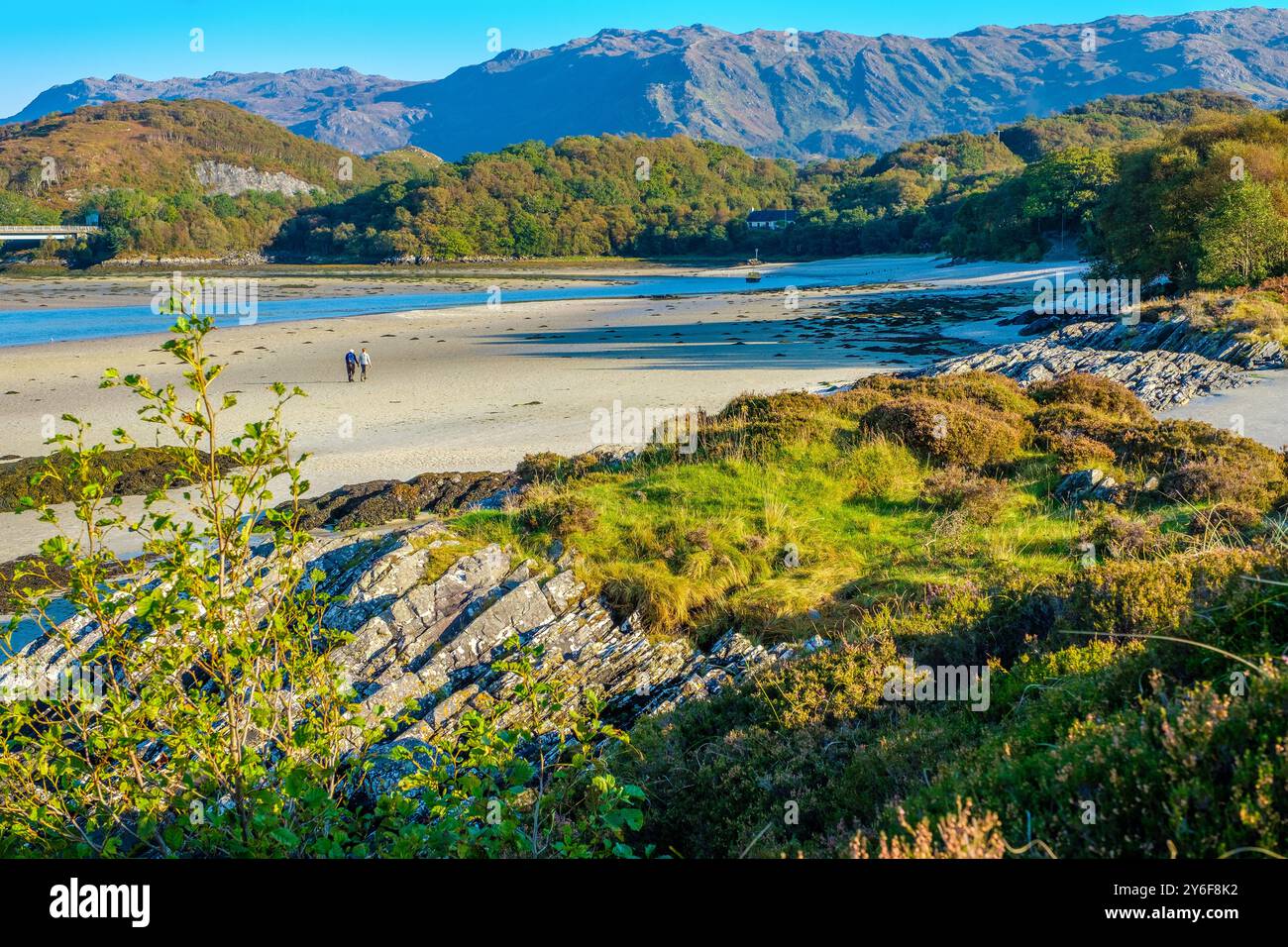 A couple walking onThe beach at Morar near Mallaig known as The Silver ...