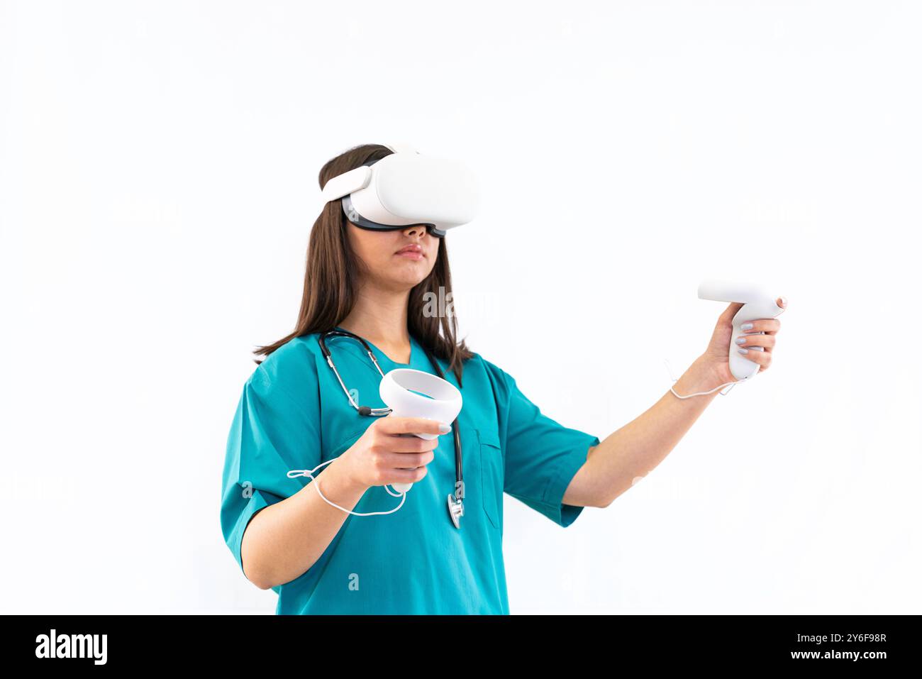 Innovating the Future: Female doctor wearing virtual reality goggles ...
