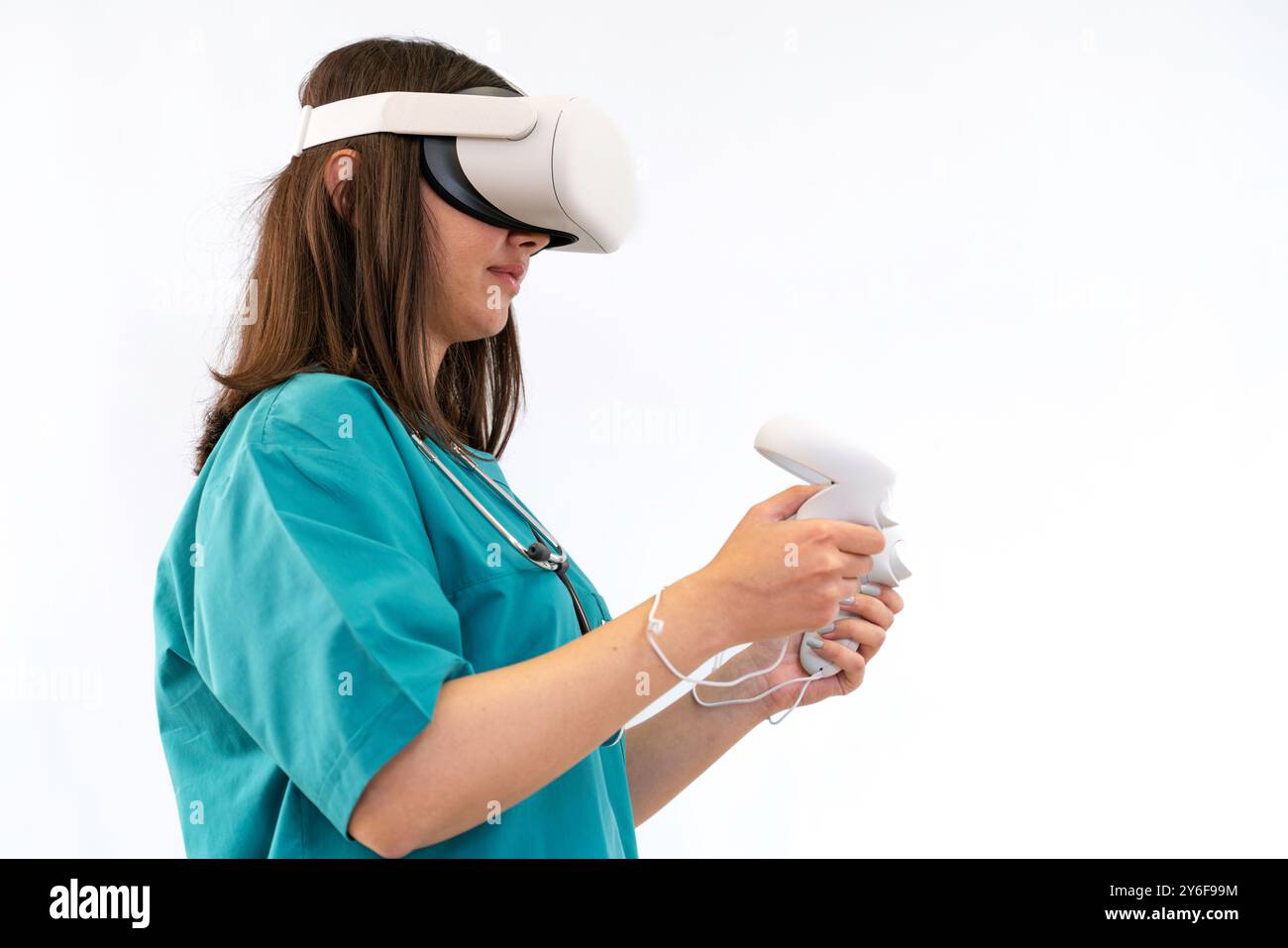 Innovating the Future: Female doctor wearing virtual reality goggles ...