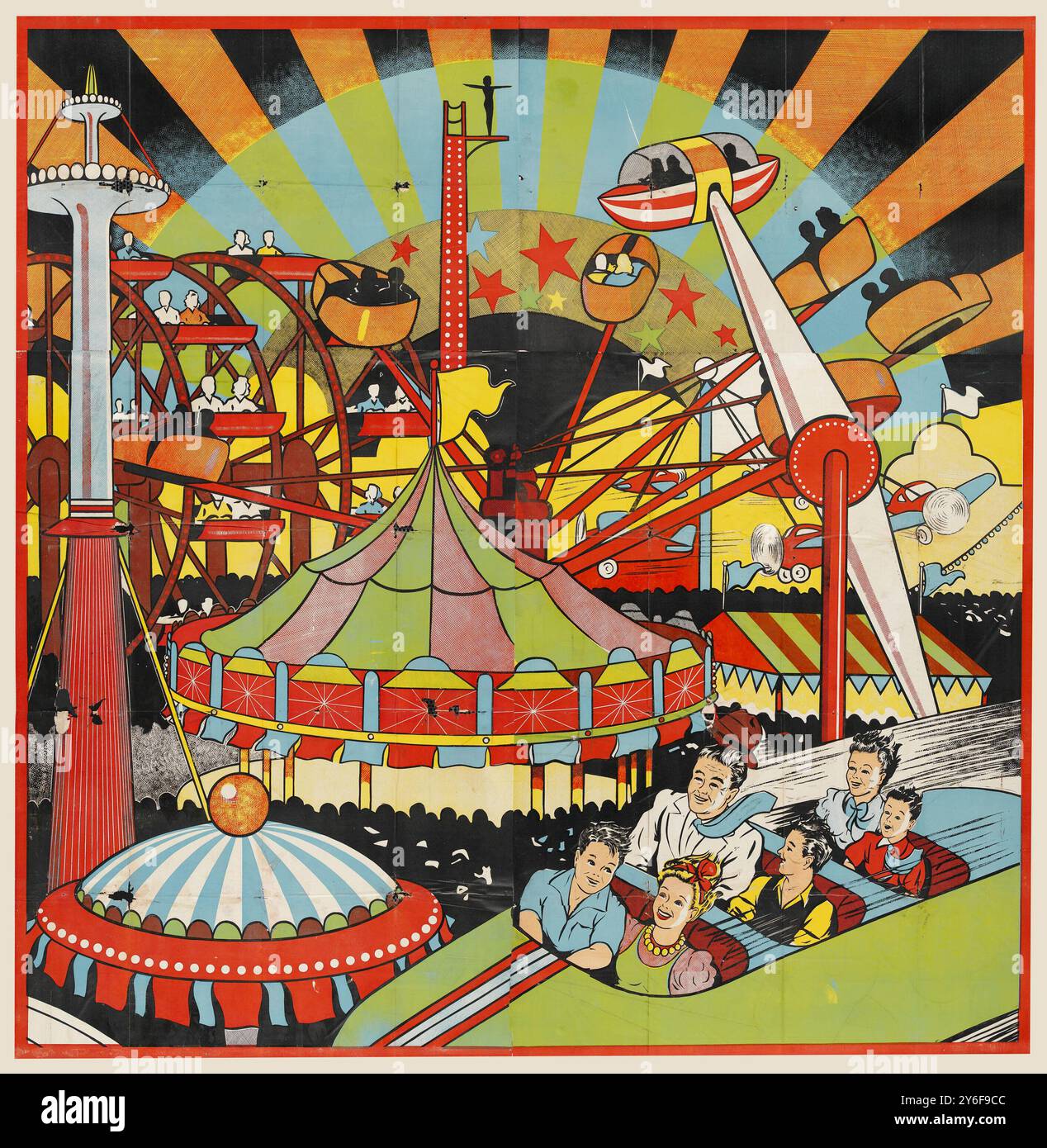 Carnival Poster (Unknown artist, 1940s) feat. an amusement park, roller ...
