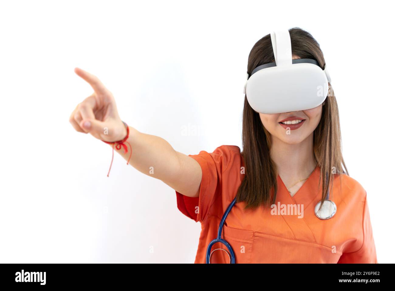 Innovating the Future: Female doctor wearing virtual reality goggles ...