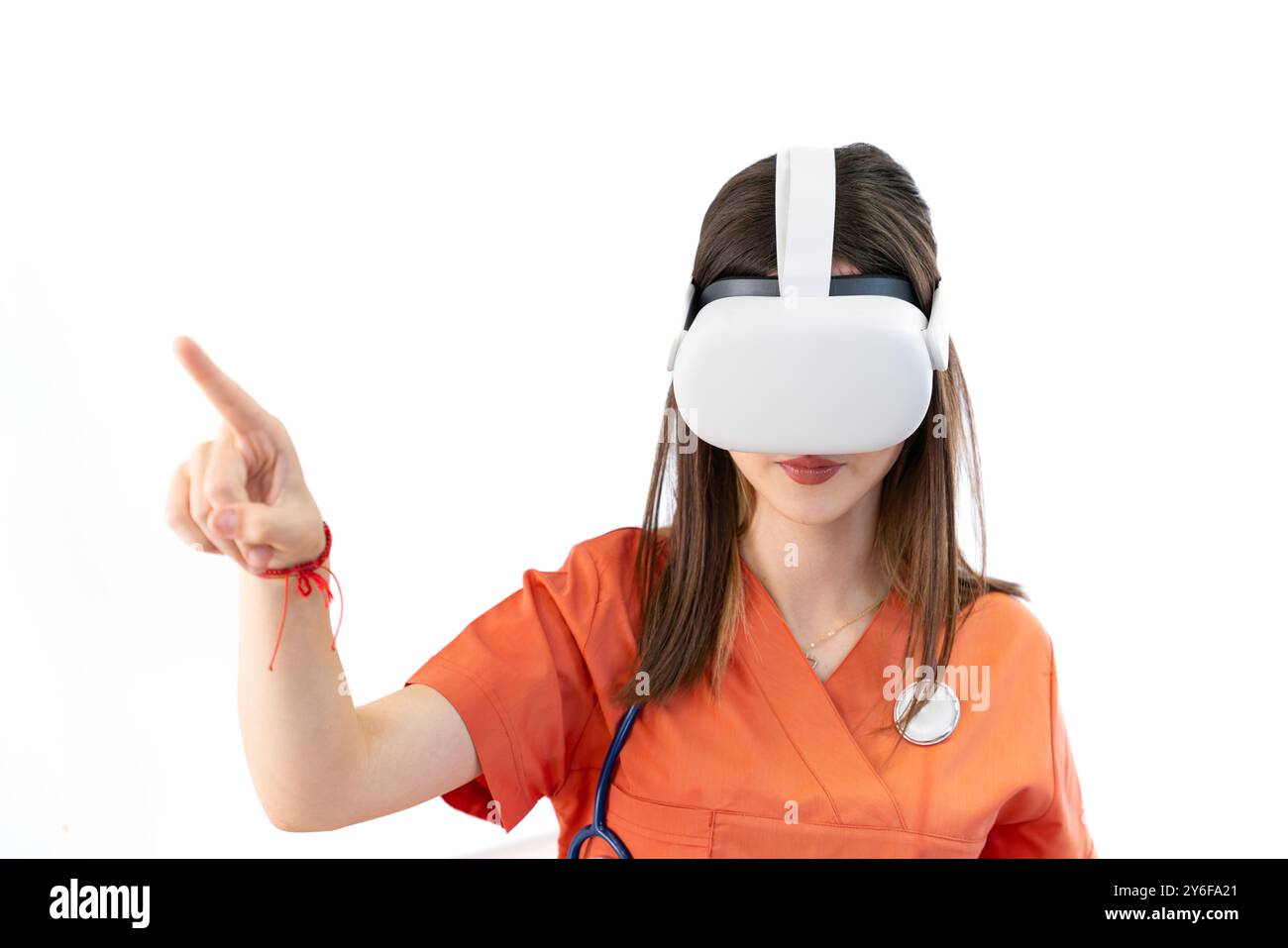 Innovating the Future: Female doctor wearing virtual reality goggles ...