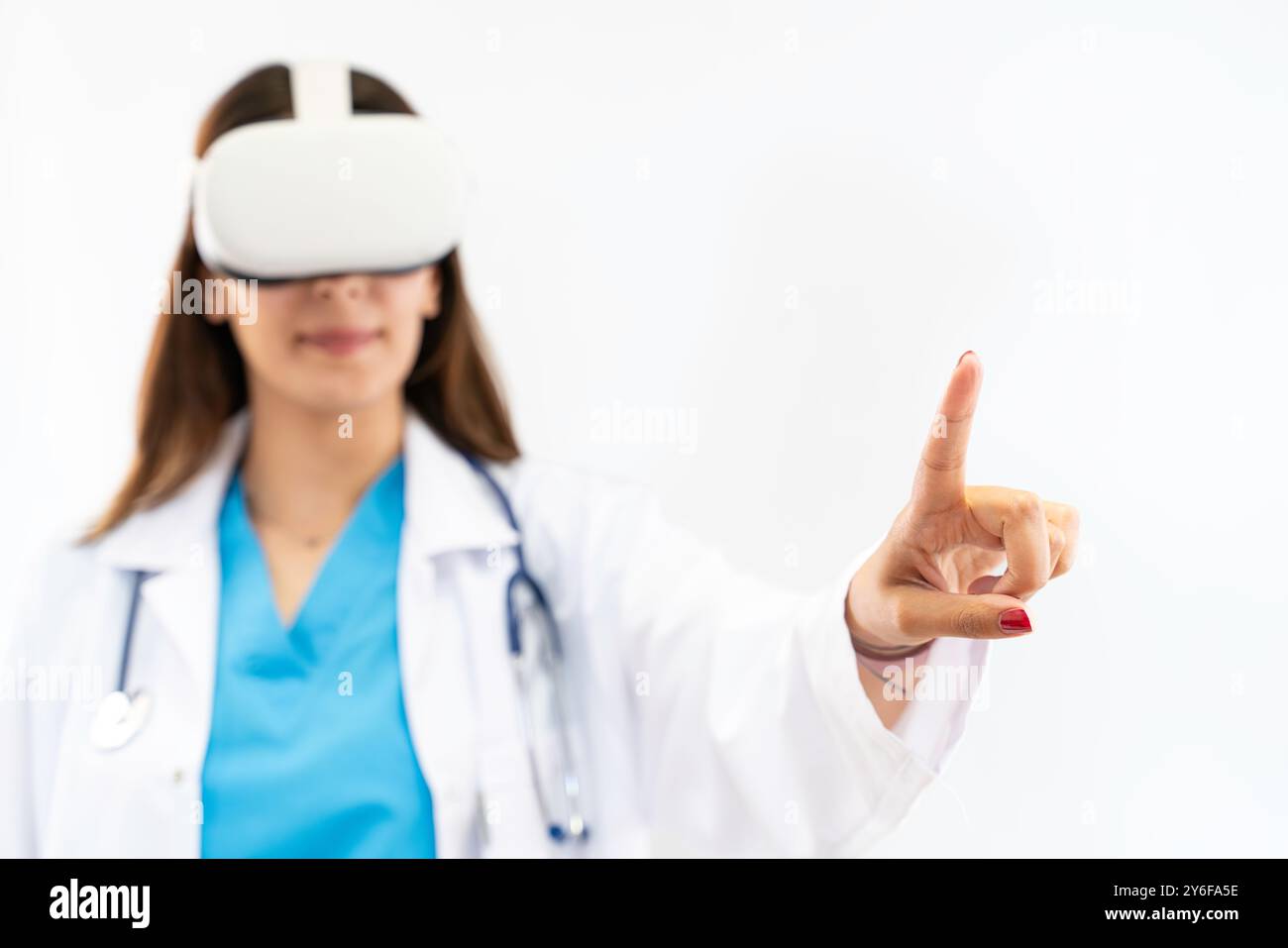 Innovating the Future: Female doctor wearing virtual reality goggles ...