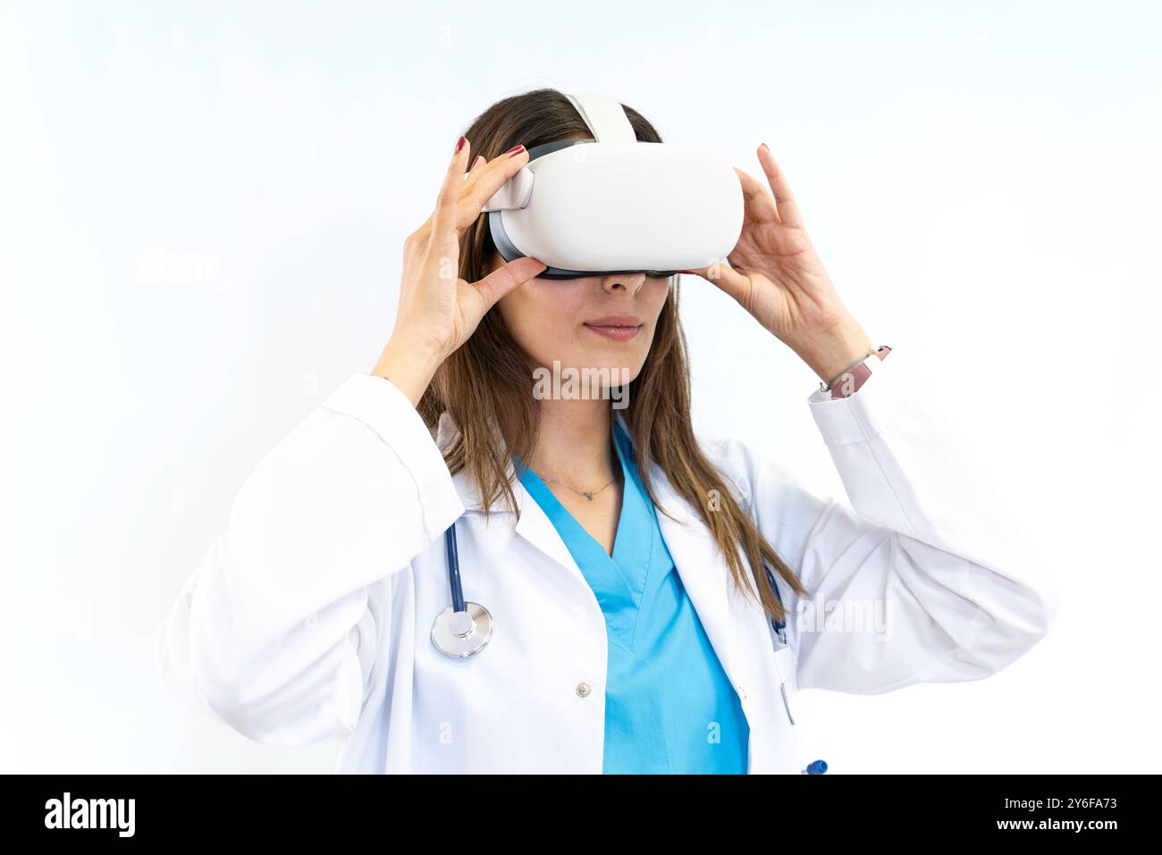 Innovating the Future: Female doctor wearing virtual reality goggles ...