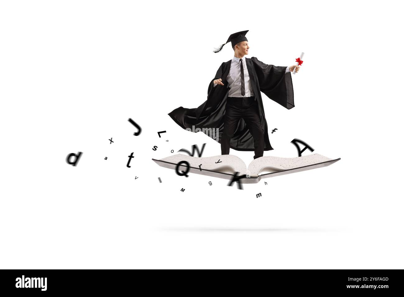 Male graduate student standing on a book with letters and flying ...
