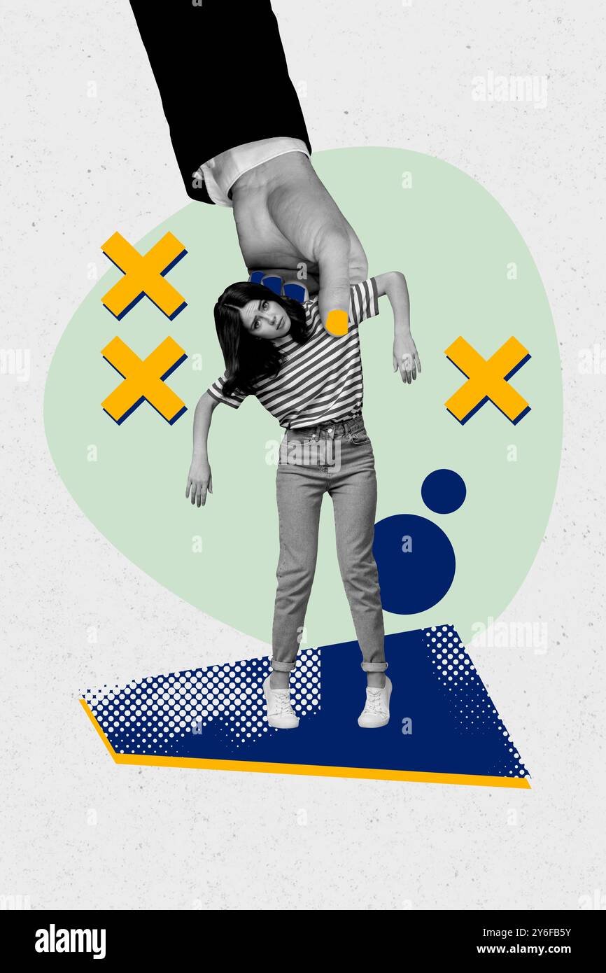 Vertical collage picture young woman marionette doll hand body fragment ...