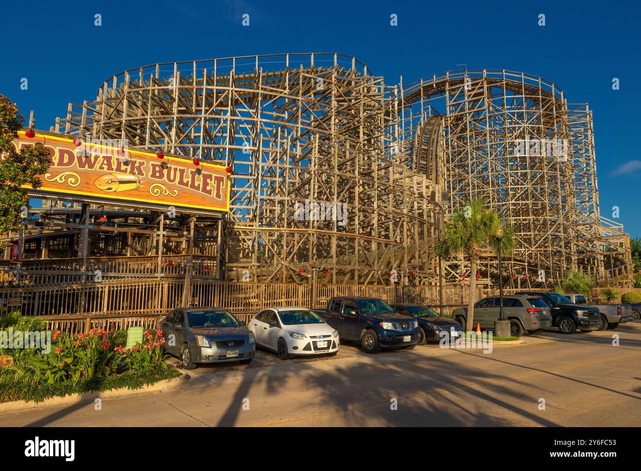 Kemah, Texas, USA - June 21, 2024: The Bullet a wooden roller coaster ...
