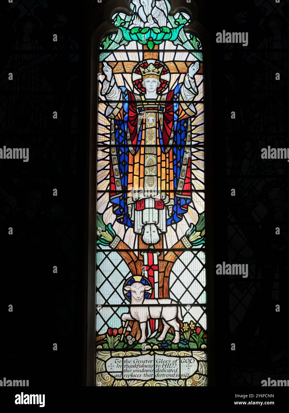 Stained glass window, of the risen Jesus Christ, in the Church of the ...