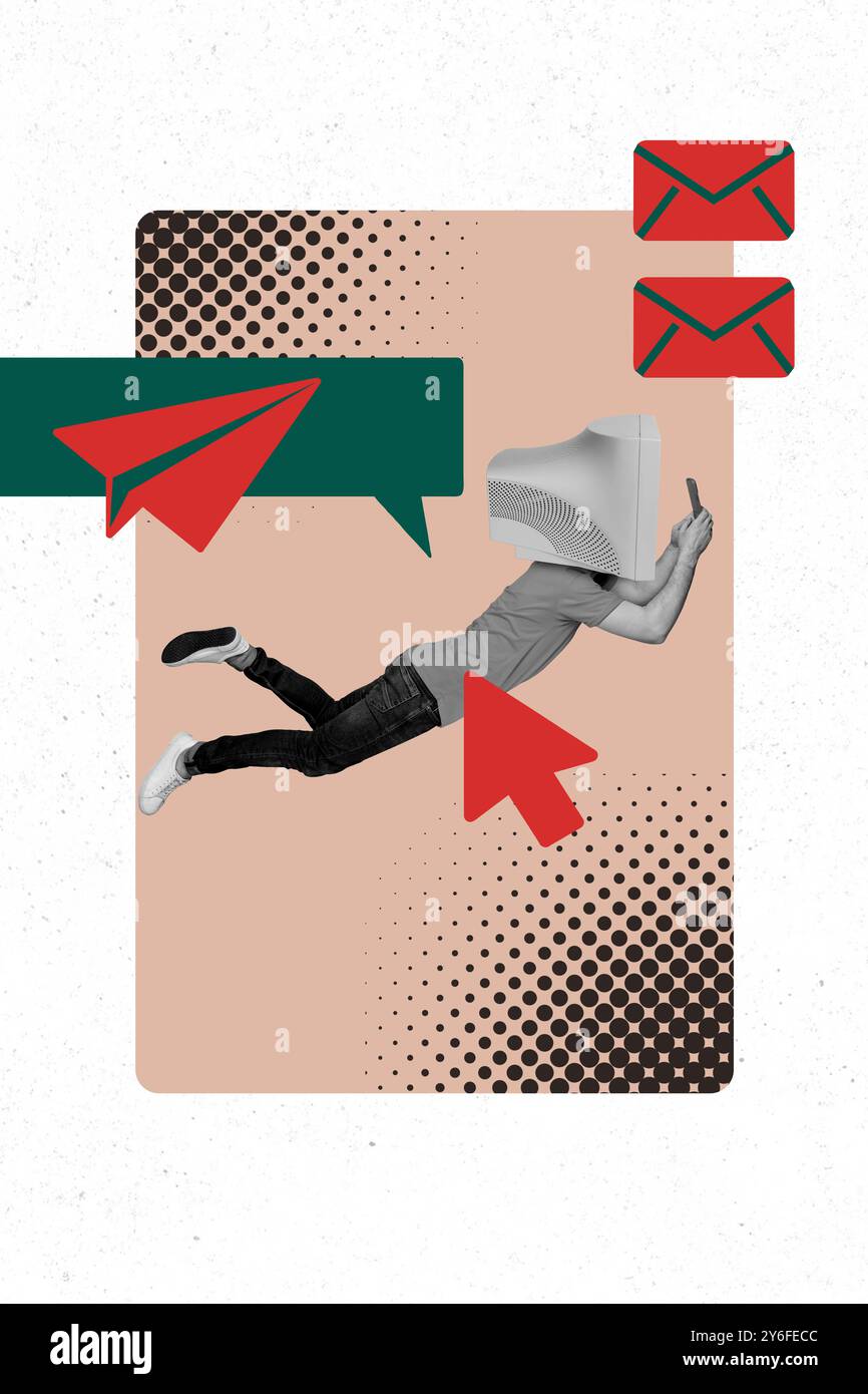 Vertical poster collage young man falling down monitor head ...