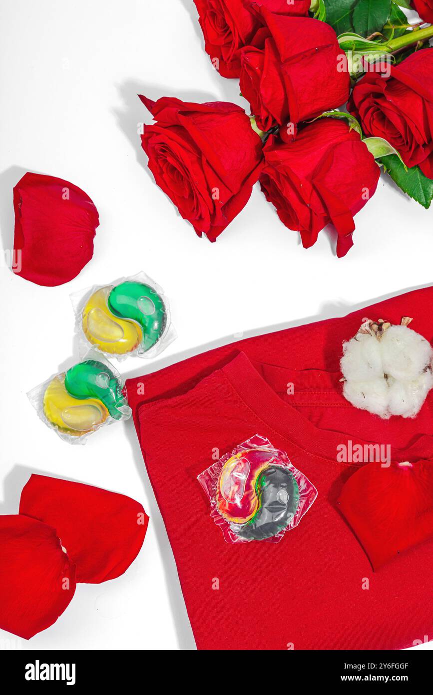 Eco-friendly clothes cleaning, capsules for machine washing. Bright red ...