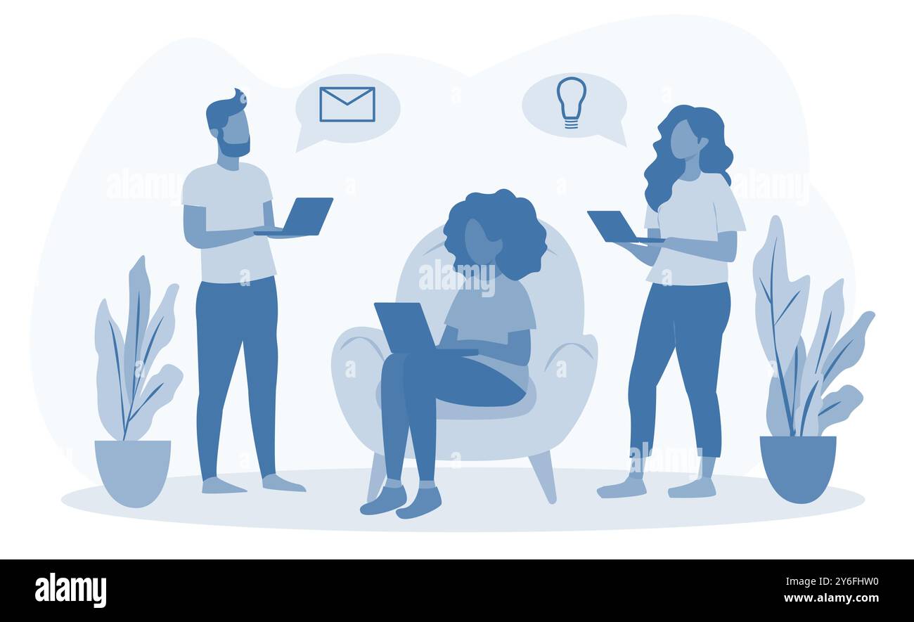 Illustration showing a team of three people with laptops, discussing ...