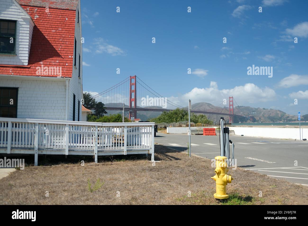 Golden Gate Bridge, San Francisco with traditional timber building on ...