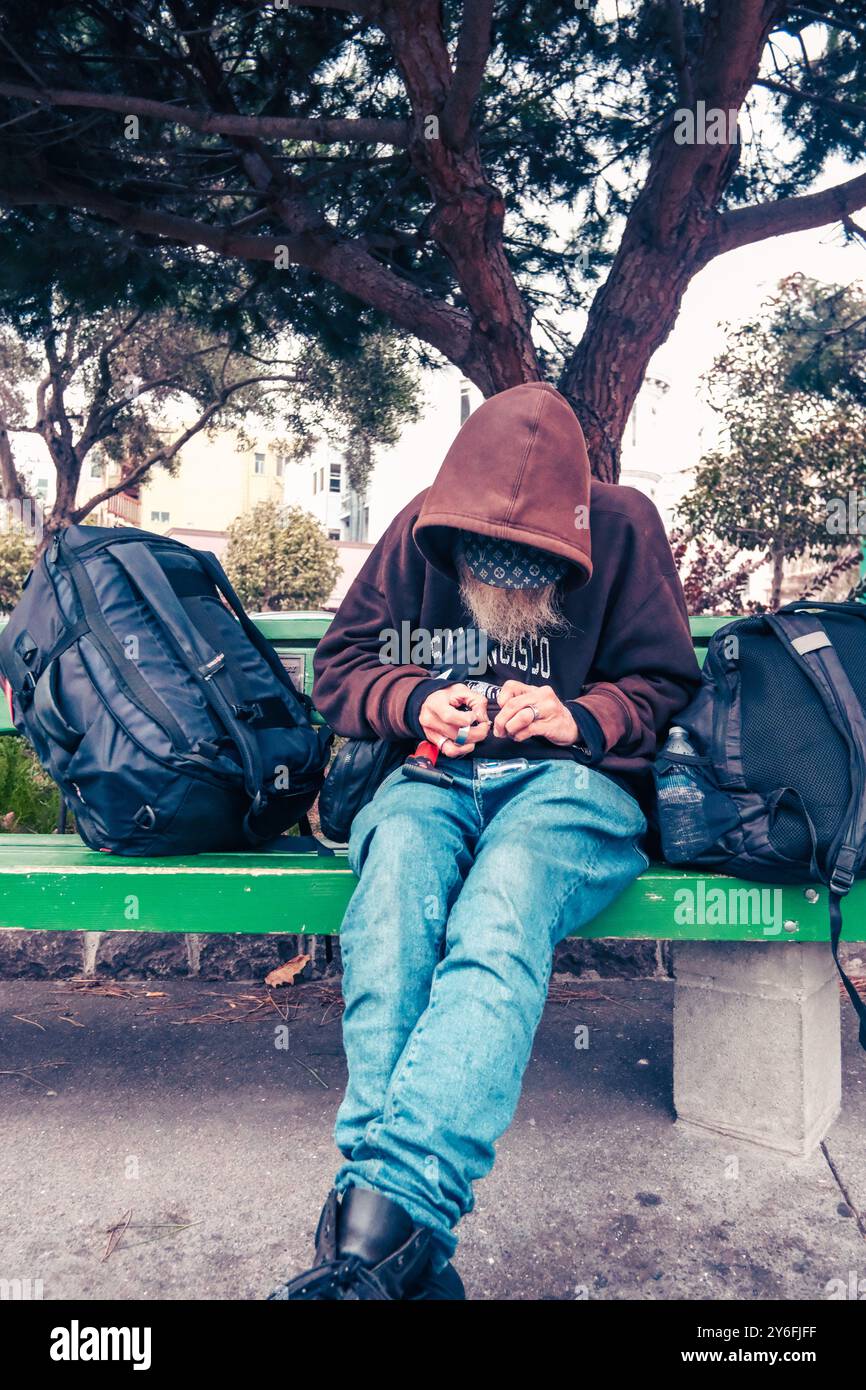 San Francisco, CA, USA - 16 Sept 2024 - A homeless person using drugs ...