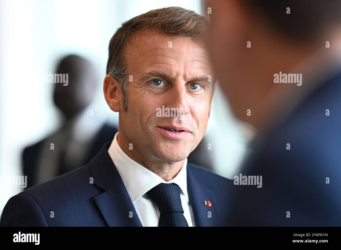 French President Emmanuel Macron during a lunch meeting at the 79th ...