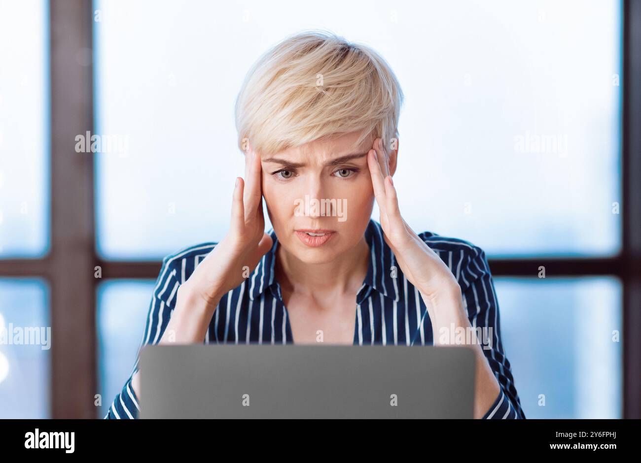 Overworked Business Woman Having Headache Sitting In Modern Office ...